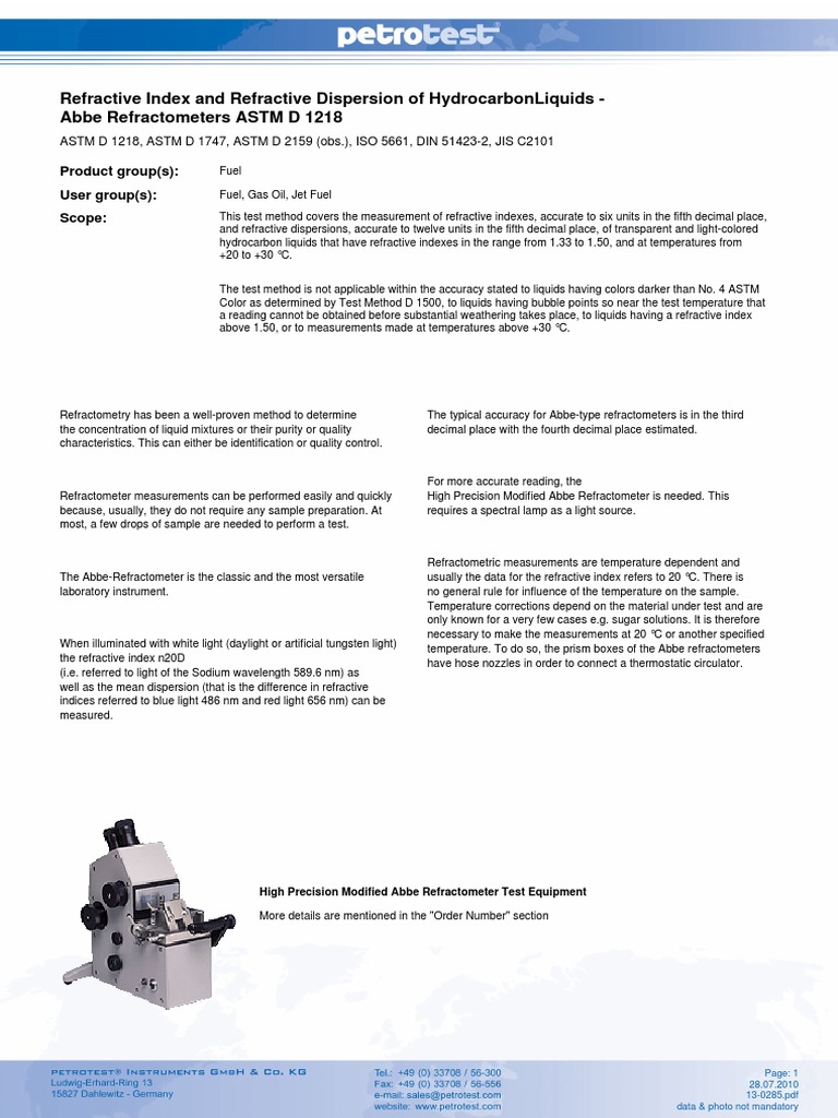 Petrotest Product 13-0285 en | Download Free PDF | Refractive Index ...