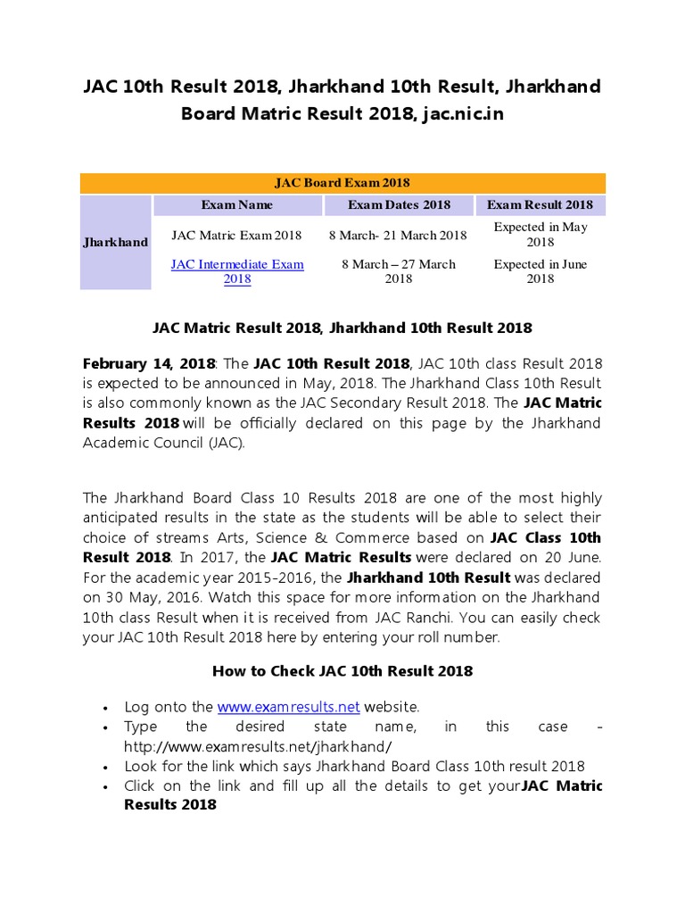 JAC 10th Result 2018, JAC Matric Result 2018, Jac - Nic.in | PDF ...