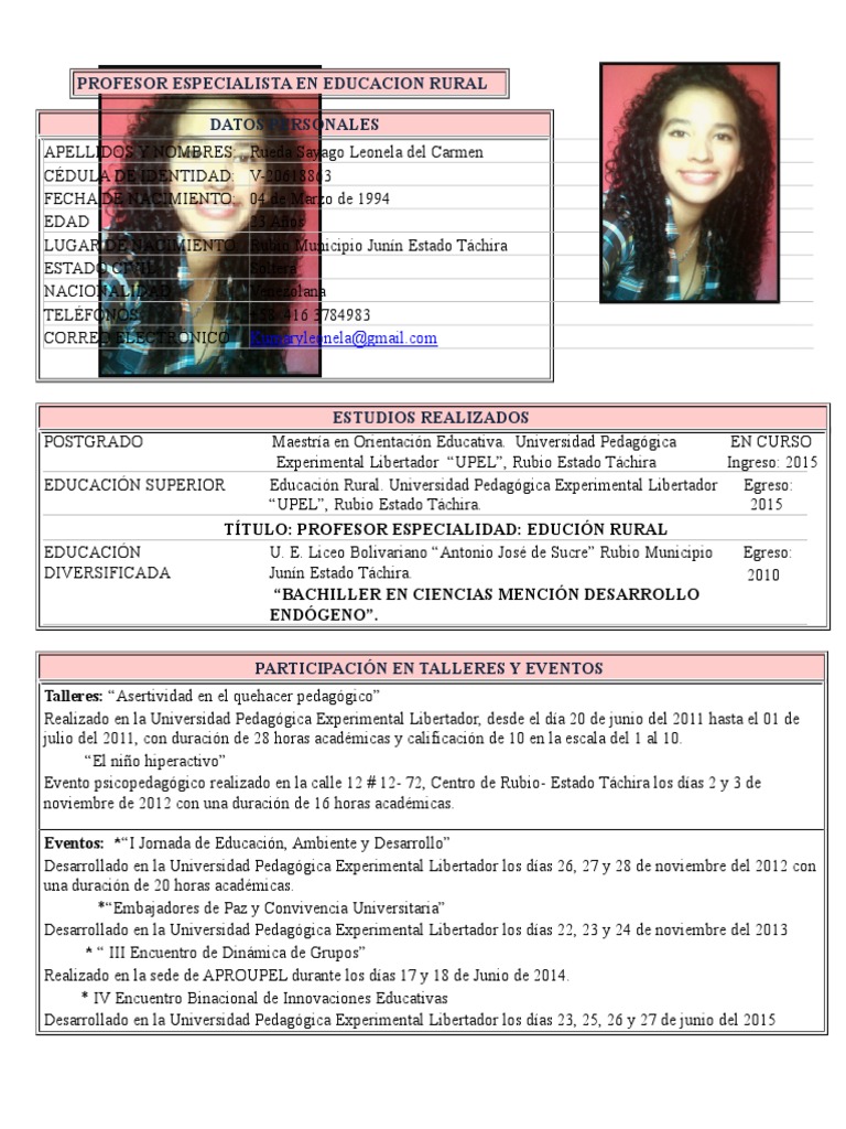 LEONELA RUEDA Currículo de Vida | PDF | Universidad | Maestros