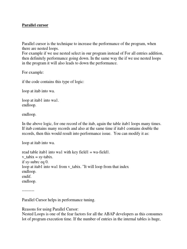 Parallel Cursor Concept in Abap | PDF