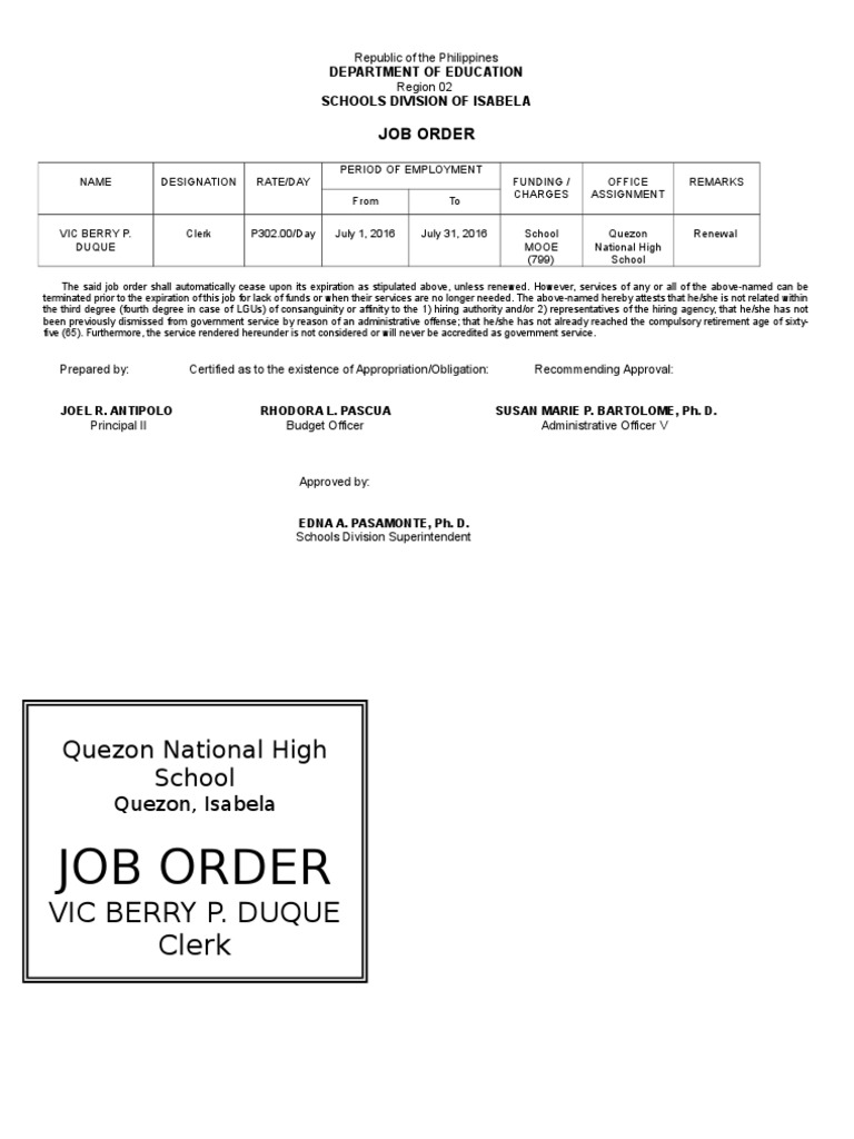 Job Order: Department of Education Schools Division of Isabela | PDF ...