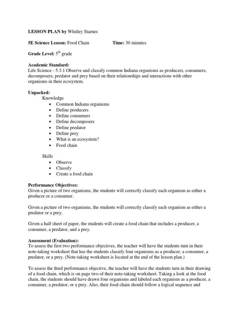 LESSON PLAN by Whitley Starnes 5E Science Lesson: Food Chain Time: 30 ...