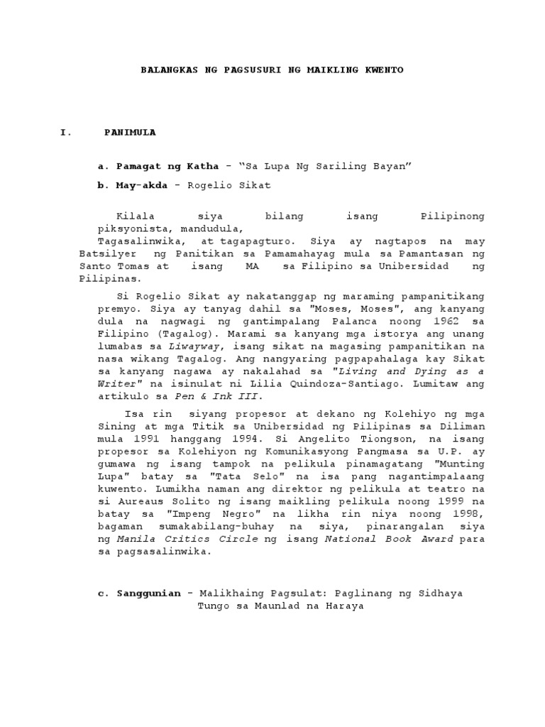Balangkas NG Pagsusuri NG Maikling Kwent | PDF