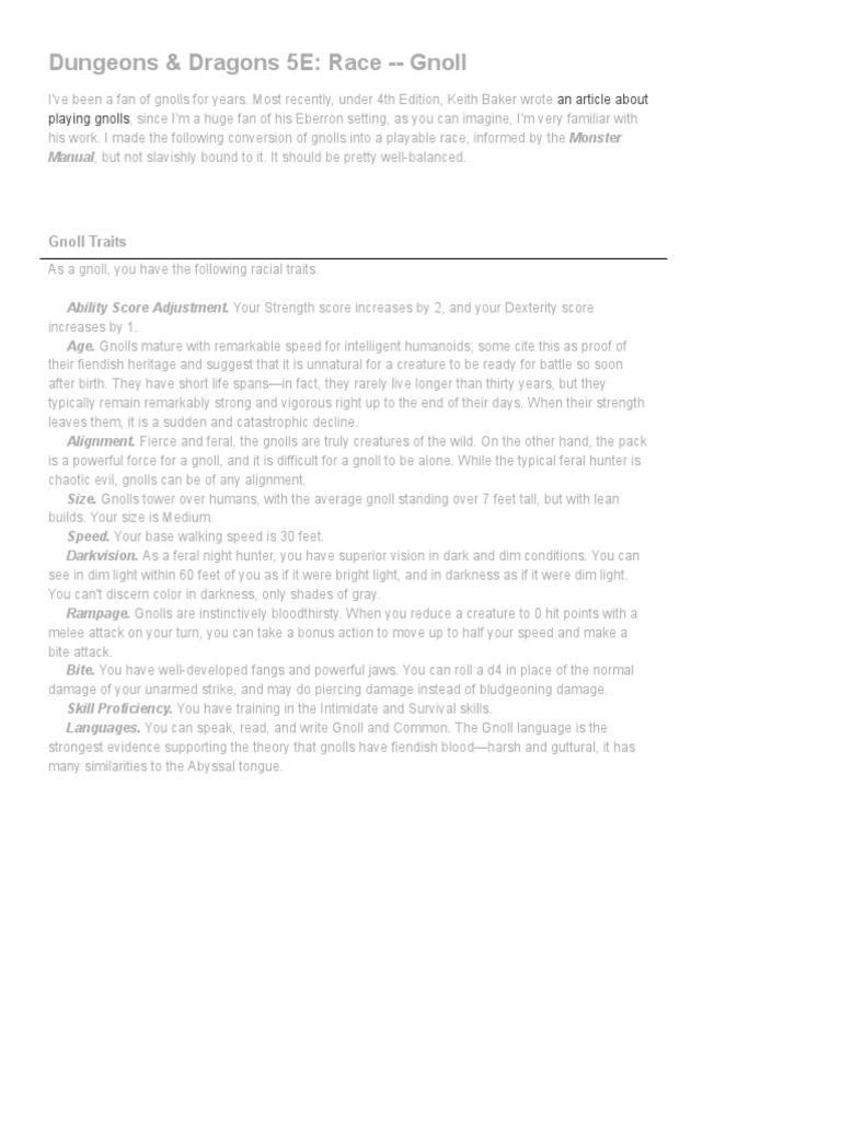 D& 5e Race - Gnoll | PDF | Elements Of Fiction | Tsr (Company) Games