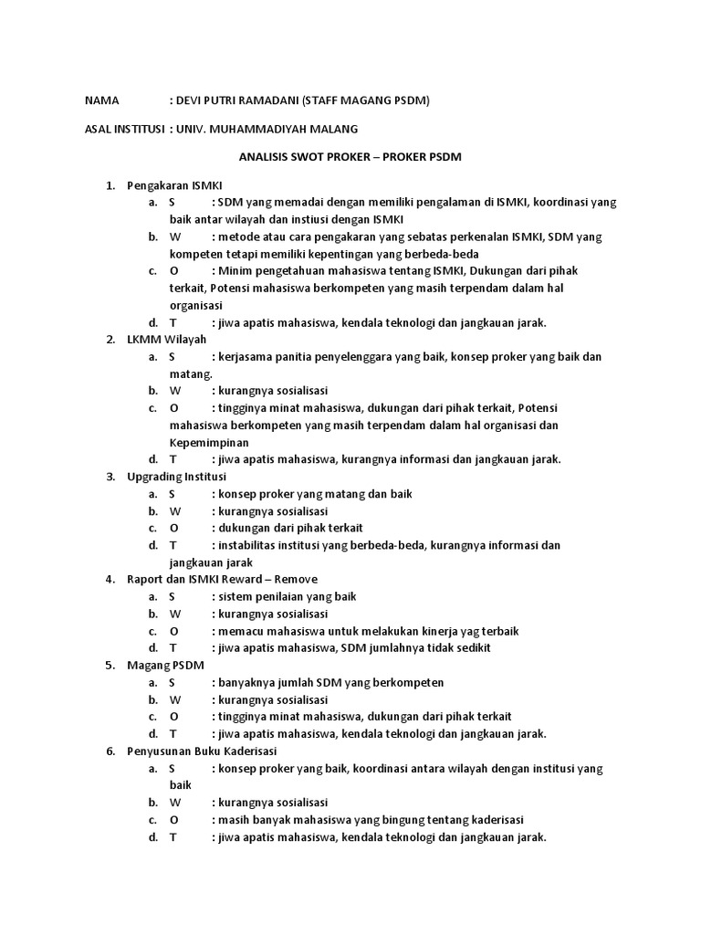 Analisi Swot Proker Magang PSDM | PDF