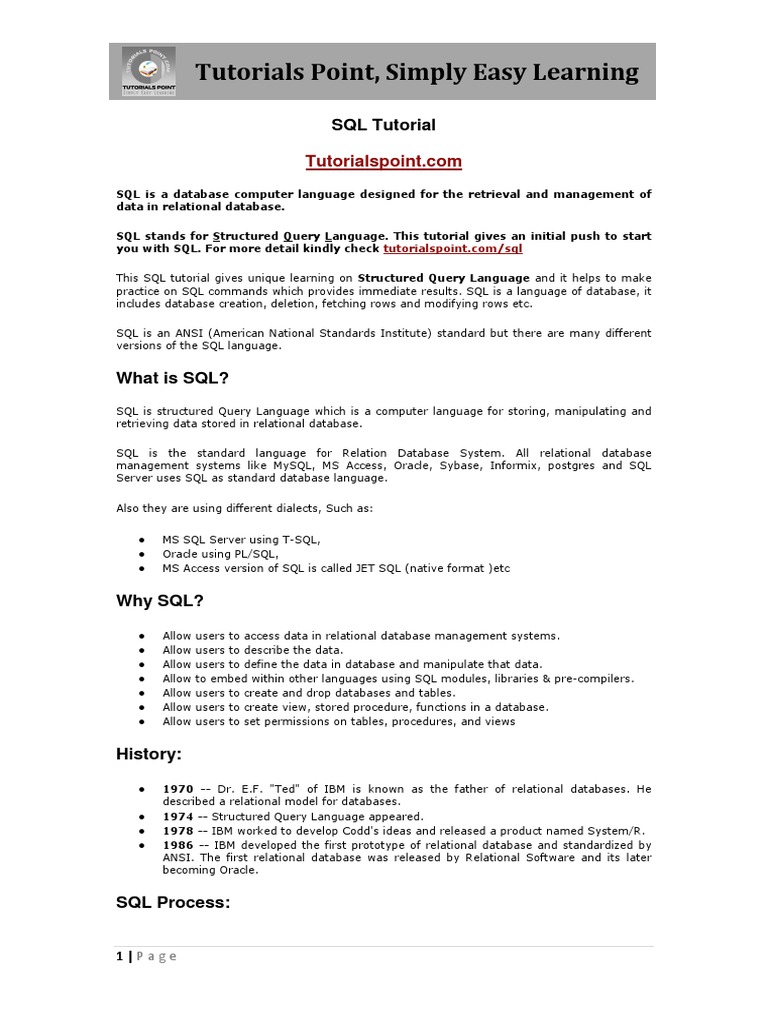 SQL Tutorial PDF | Download Free PDF | Relational Database | Sql