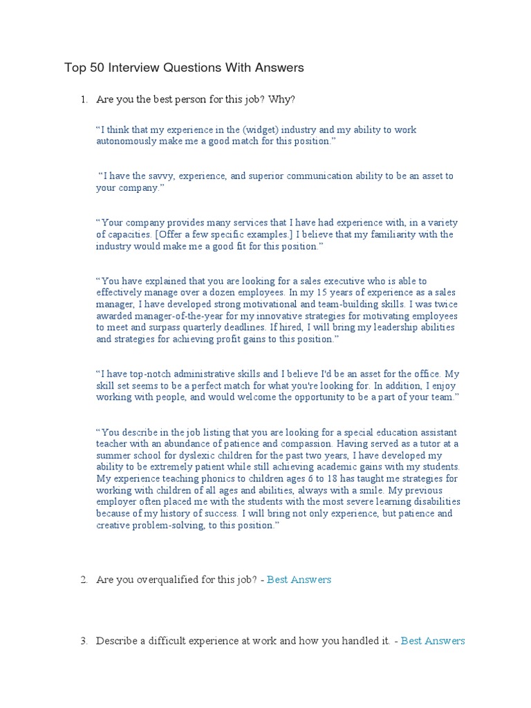 Top 50 Interview Questions With Answers | Download Free PDF ...