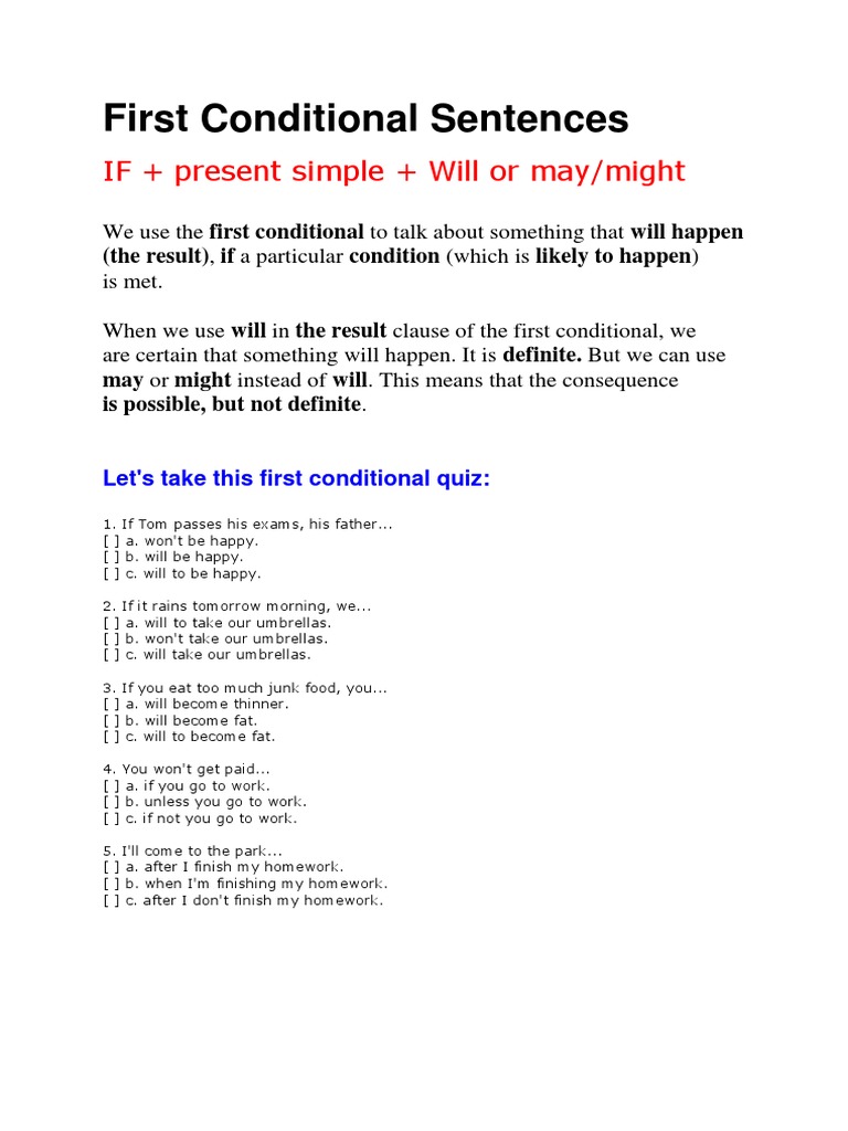First Conditional Sentences: IF + Present Simple + Will or May/might | PDF