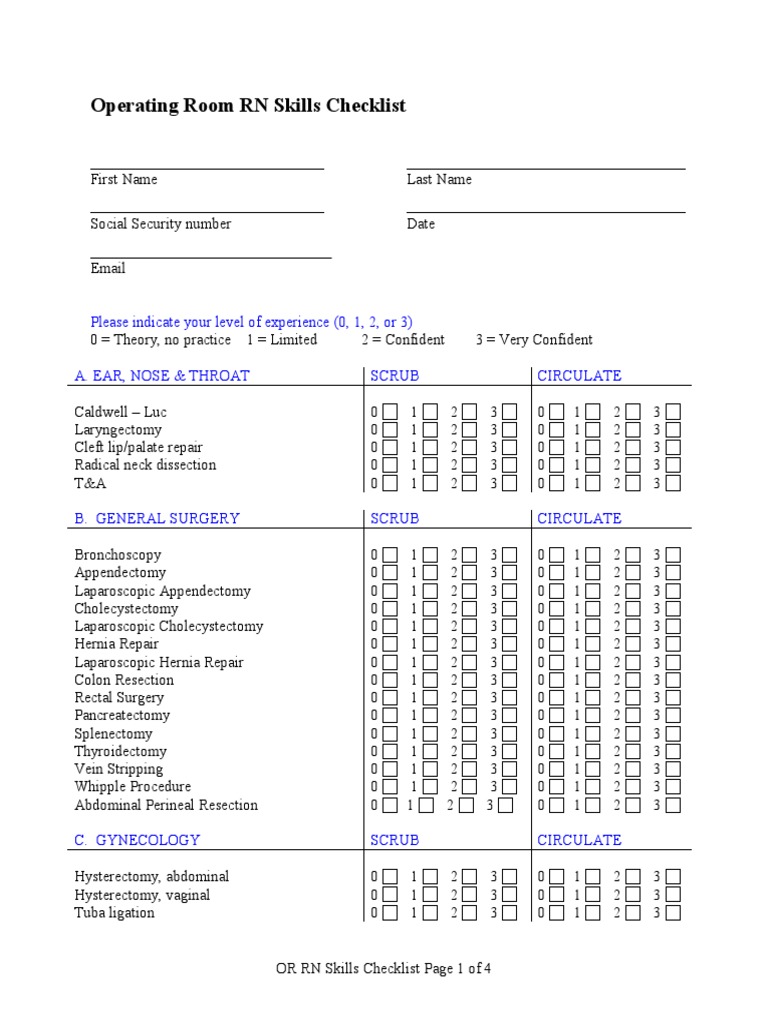 Operating Room RN Skills Checklist: Please Indicate Your Level of ...