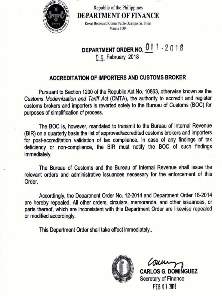 Finance Department Order 011-2018