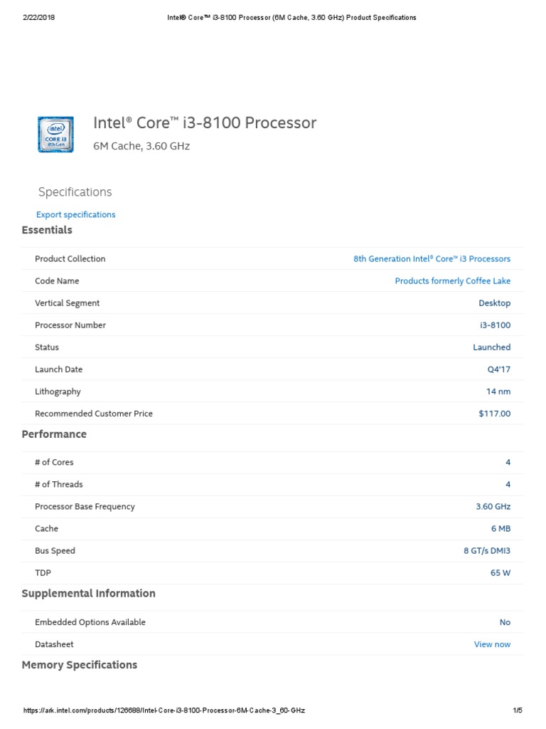 Intel® Core™ I3-8100 Processor (6M Cache, 3.60 GHZ) Product ...