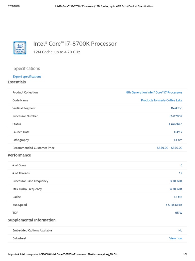 Intel® Core™ I7-8700k Processor (12M Cache, Up To 4.70 GHZ) Product Specifications | PDF | Intel ...