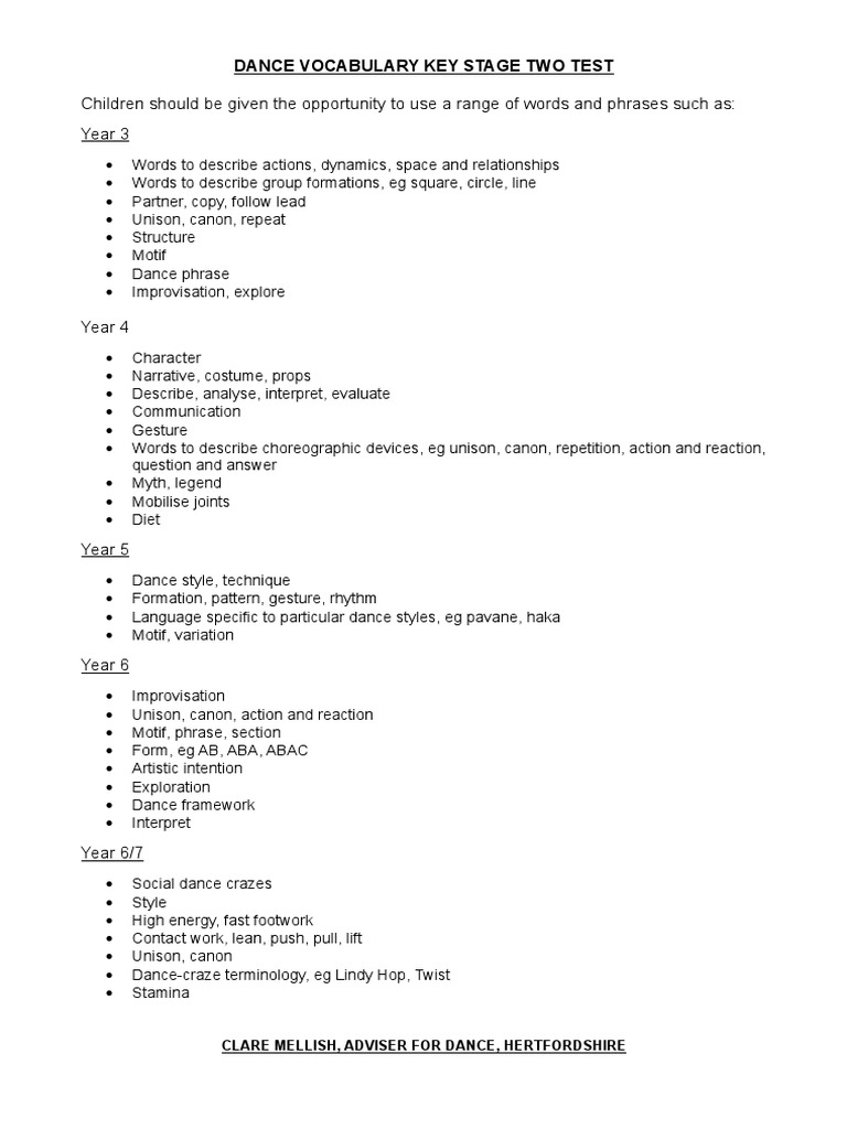 Dance Vocabulary Ks2 | PDF | Dances | Performing Arts