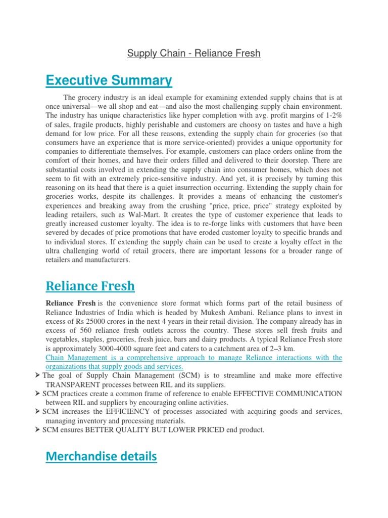 Supply Chain Strategies at Reliance Fresh | PDF | Inventory | Grocery Store