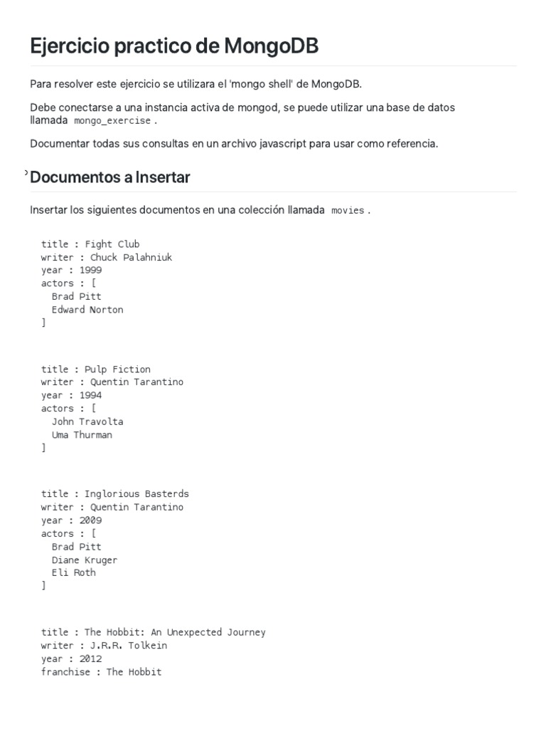 Ejercicio Practico de MongoDB | PDF | Bilbo Baggins | Libros de la Tierra Media
