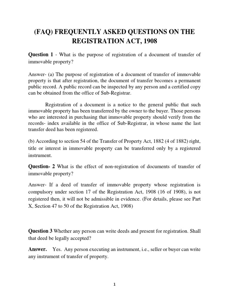 Registration Act, 1908 - FAQ PDF | PDF | Will And Testament | Deed