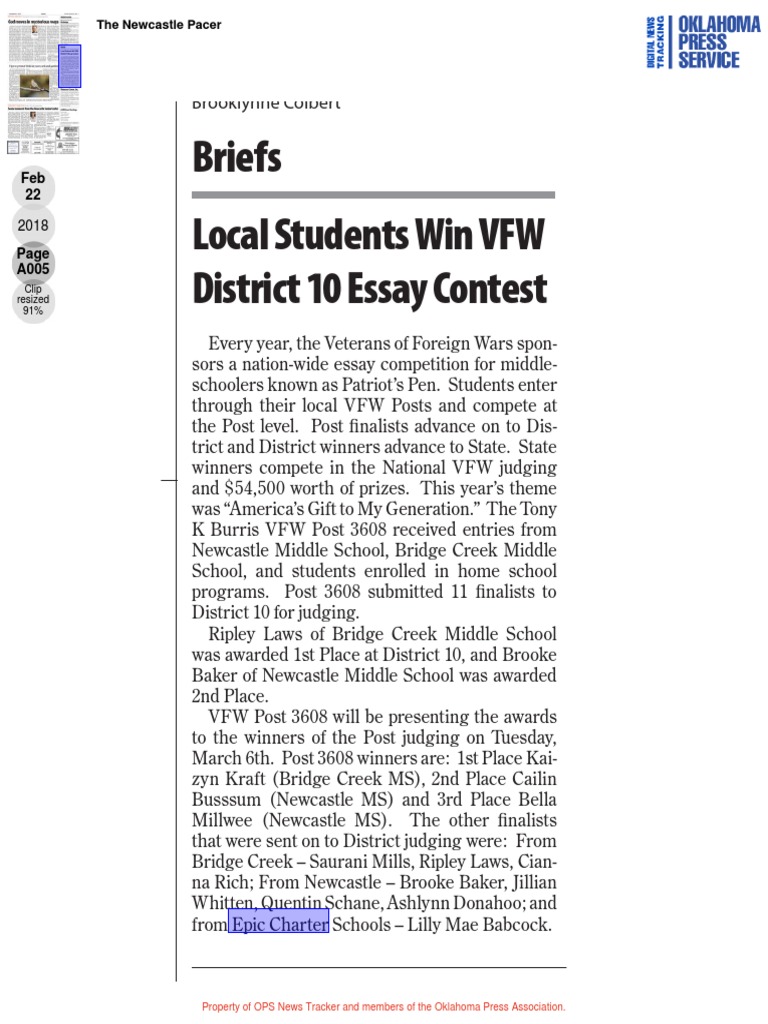 Briefs Local Students Win VFW District 10 Essay Contest: Clip Resized ...
