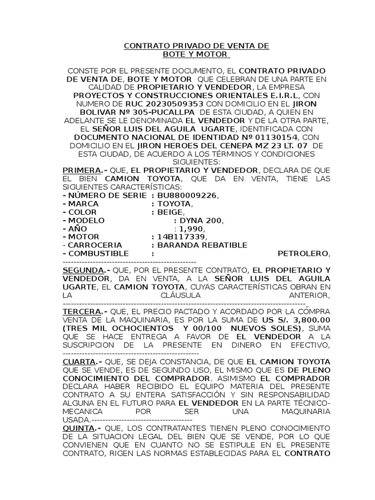 Modelo Contrato Privado de Compra Venta de Bote | PDF