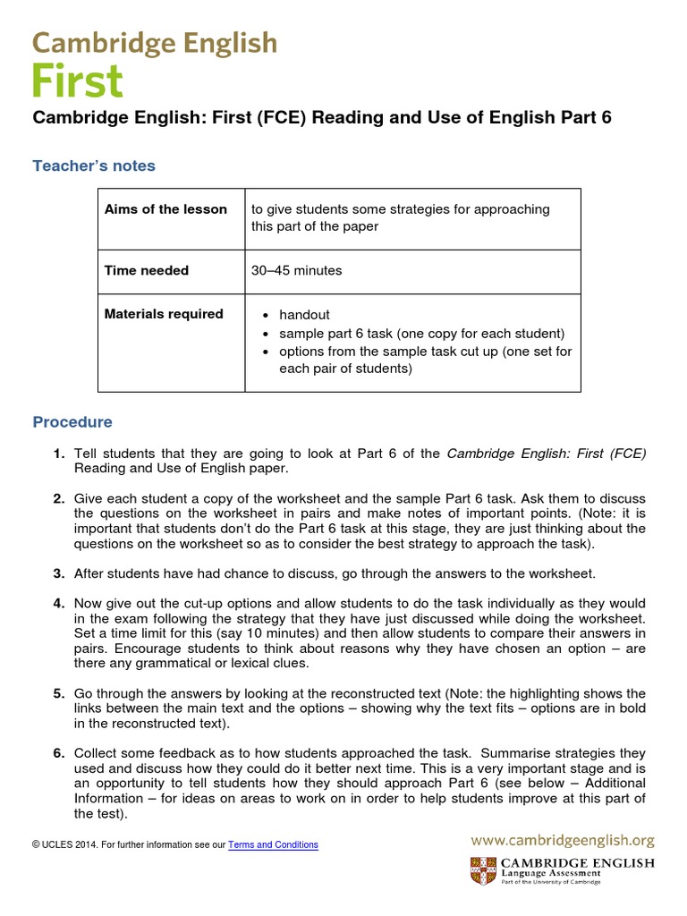 FCE Reading PART 6 - Teacher's Notes | PDF | Ballet | Dances