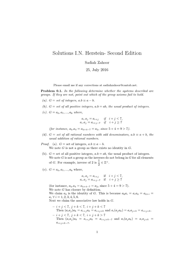 Solutions I.N. Herstein-Second Edition: Sadiah Zahoor 25, July 2016 | PDF | Group (Mathematics ...