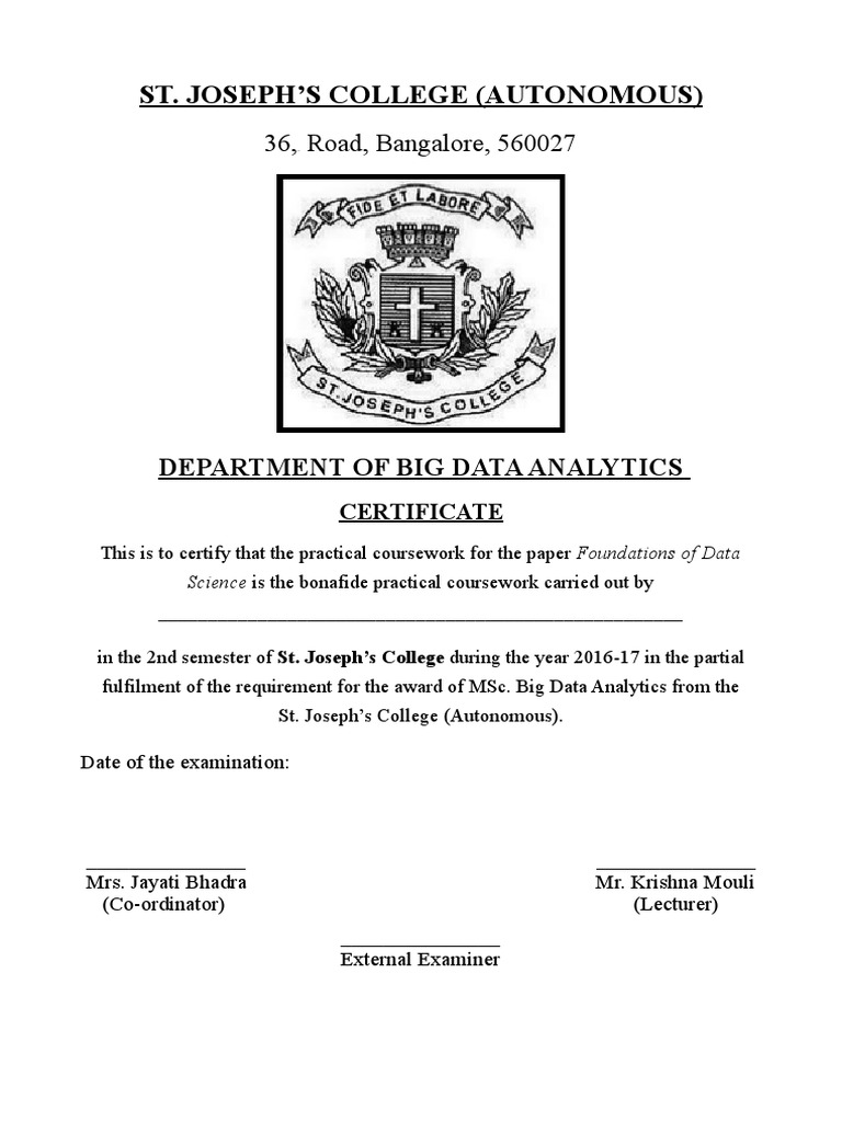 Certificate of Completion for the Practical Coursework in Foundations ...
