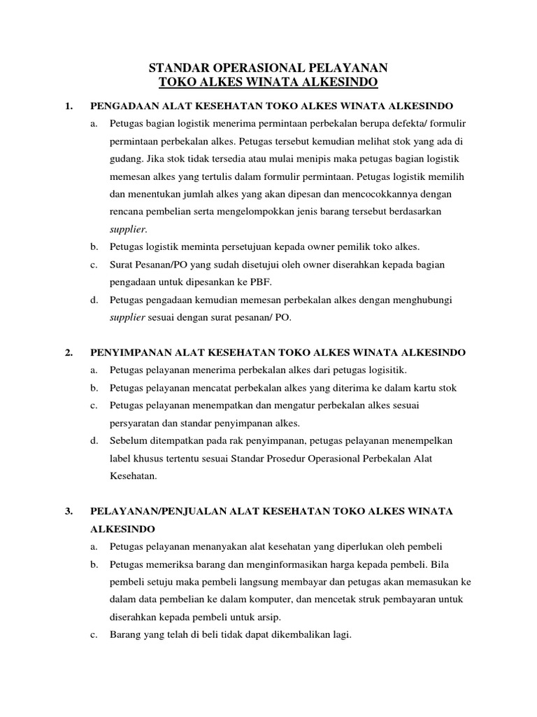 Prosedur Operasional Toko Alkes Winata | PDF