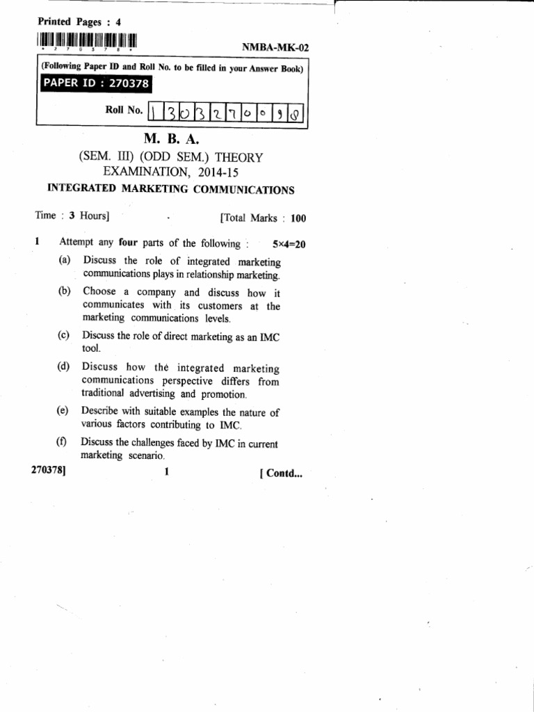 IMC Exam Questions | PDF | Advertising | Marketing Communications