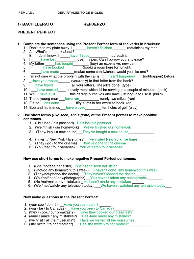 Present Perfect Answers | Download Free PDF | Perfect (Grammar) | Leisure