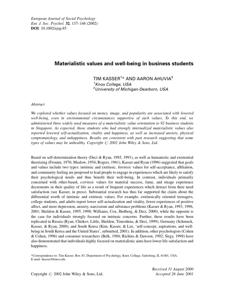 Materialistic Values and Well-Being in Business Students: Tim Kasser ...