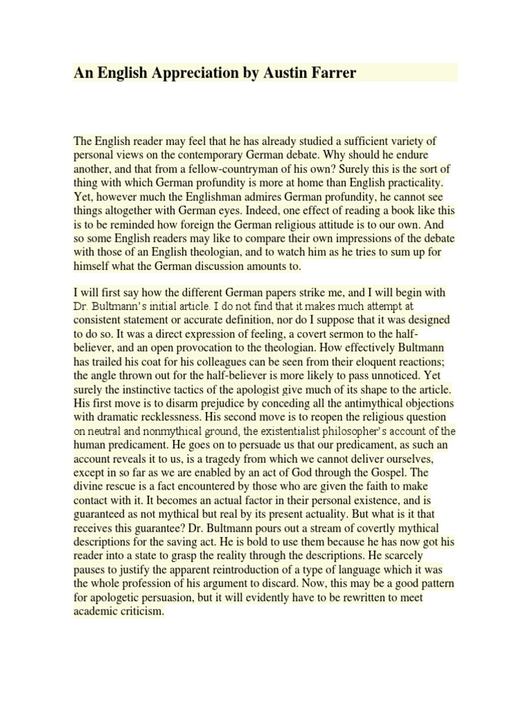 An English Appreciation by Austin Farrer | PDF | Jesus | Transcendence ...