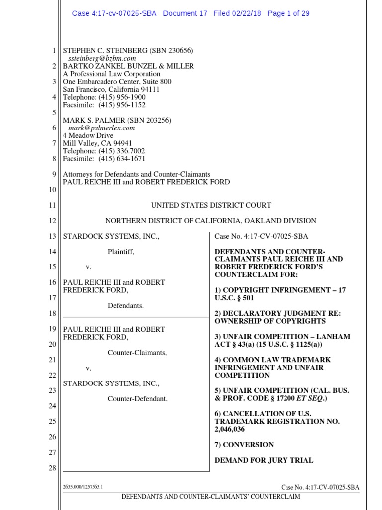 Reiche and Ford's Counterclaim Against Stardock | PDF | License | Trademark