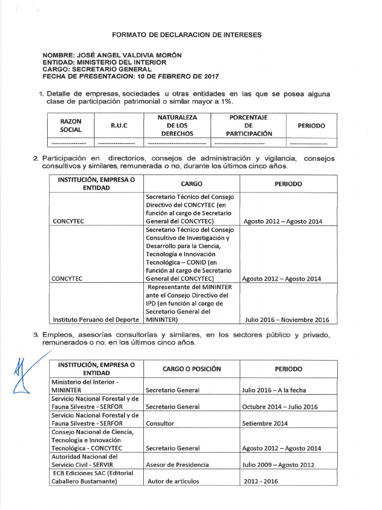 Declaración de Intereses - Secretario General | PDF