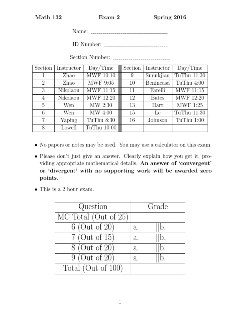Math 132 Exam 2 SP16 | PDF | Teaching Mathematics | Tests