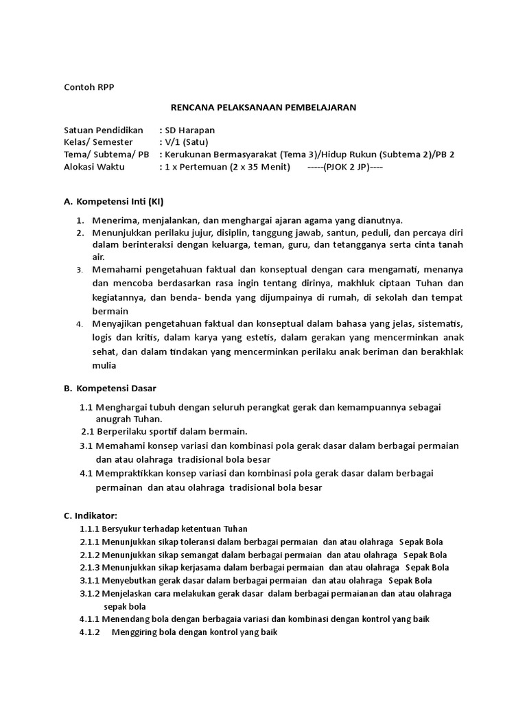 Contoh RPP PJOK SD Kelas 5 SMT 1 | PDF
