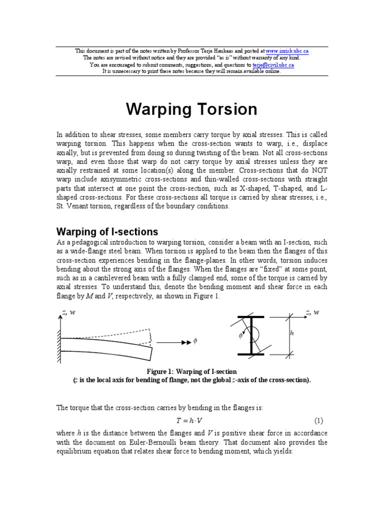 University of British Columbia - Warping Torsion | PDF | Bending | Beam ...