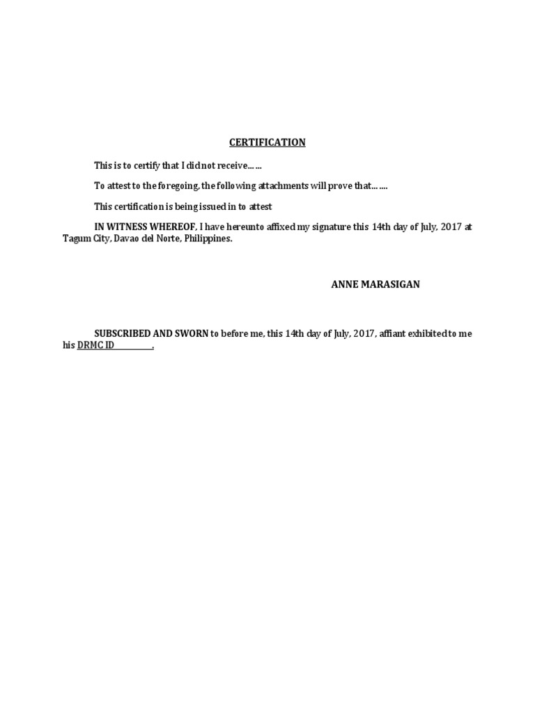 Certification: IN WITNESS WHEREOF, I Have Hereunto Affixed My Signature ...