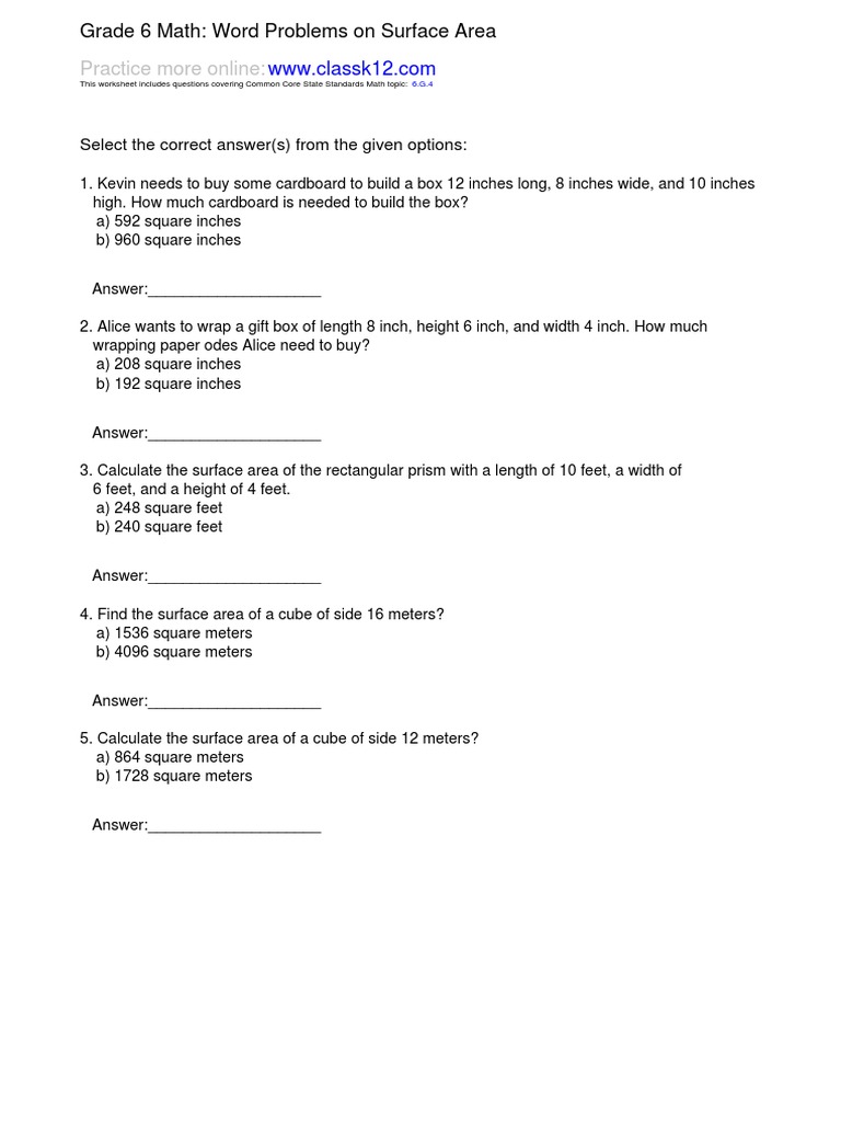 Grade 6 Math Math Word Problems on Surface Area Classk12
