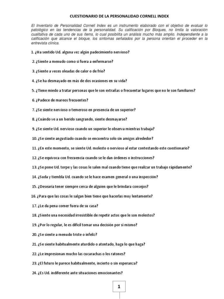 A-B - Cuestionario Cornell Index Con Hoja de Respuestas | PDF ...