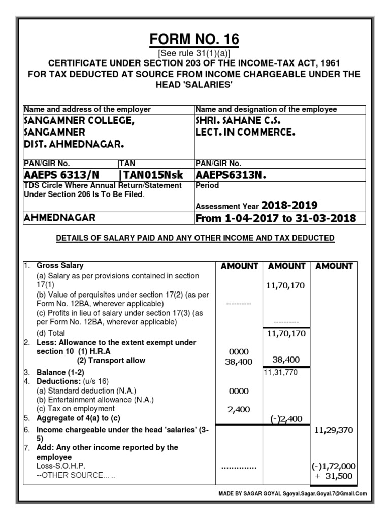 Form No 16 (By Sagar Goyal) | PDF | Salary | Employee Benefits