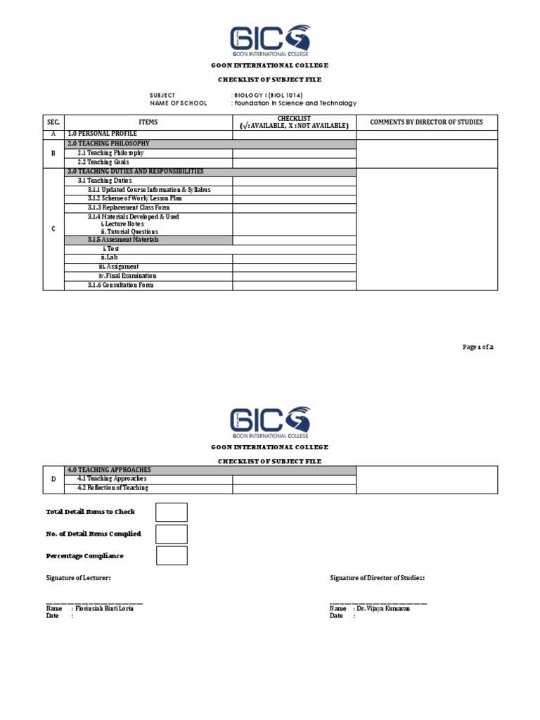 Check List - Subject File