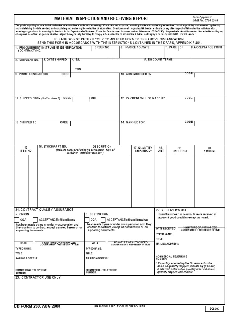 DD250 MATERIAL INSPECTION AND RECEIVING REPORT Template | PDF ...