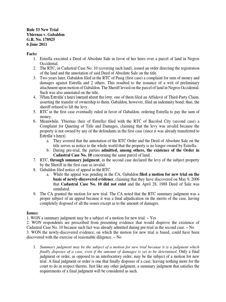 Rule 53 New Trial Ybiernas v. Gabaldon G.R. No. 178925 6 June 2011 ...