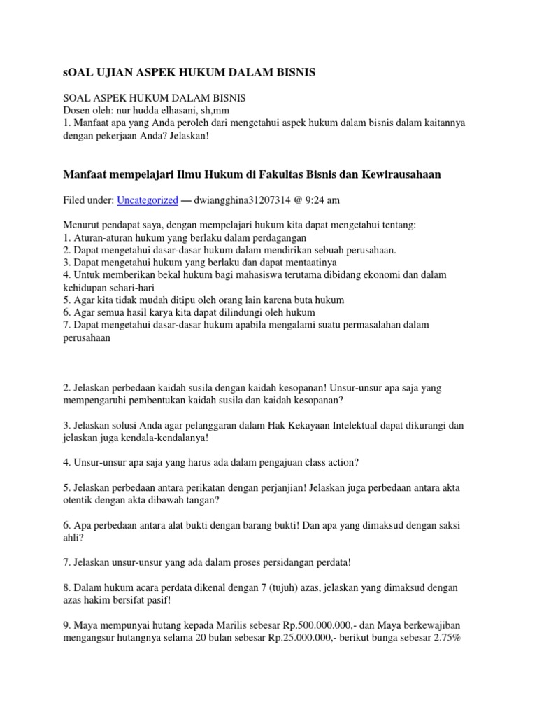 Soal Ujian Aspek Hukum Dalam Bisnisjjjjjj | PDF | Hukum