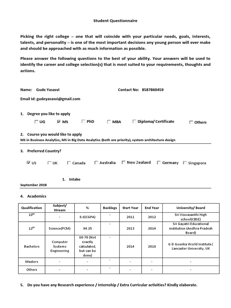 Student Questionnaire | PDF | Internship | Job Hunting