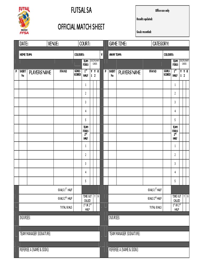 Futsal-SA Official Match Sheet | Association Football Seasons ...