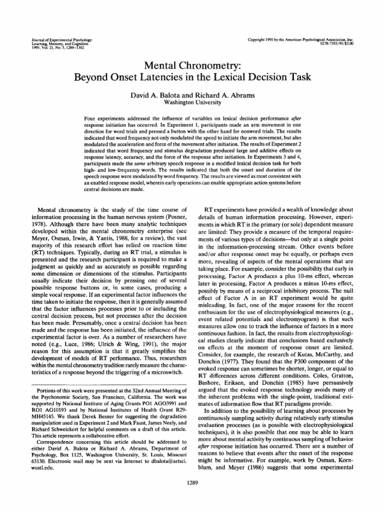 Mental Chronometry: Beyond Onset Latencies in The Lexical Decision Task ...