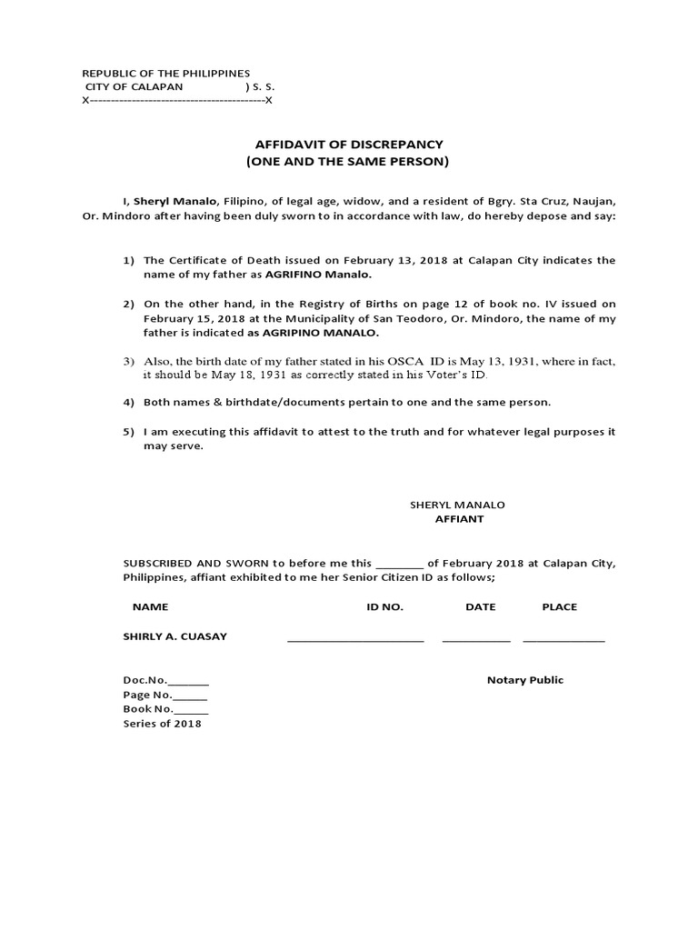 Affidavit of Discrepancy-Sample | PDF