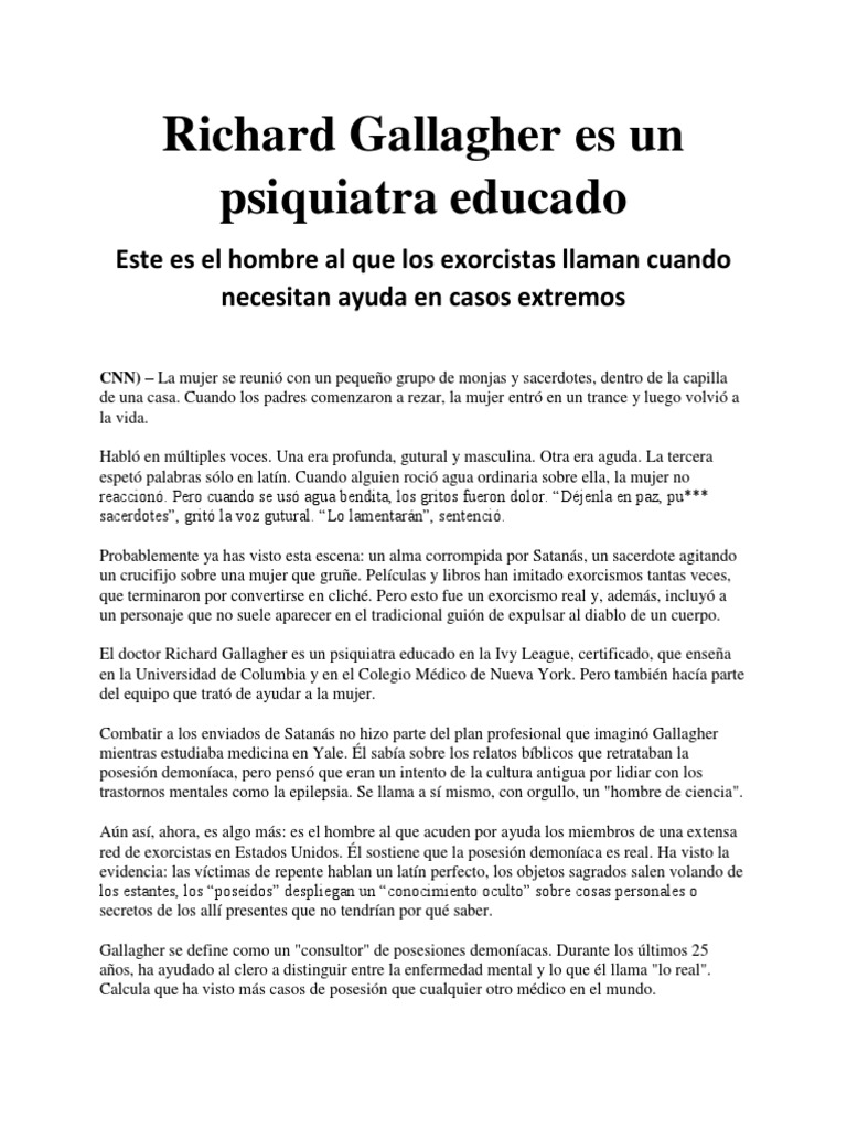 Richard Gallagher: Psiquiatra y Exorcista | PDF | Exorcismo | Demonios