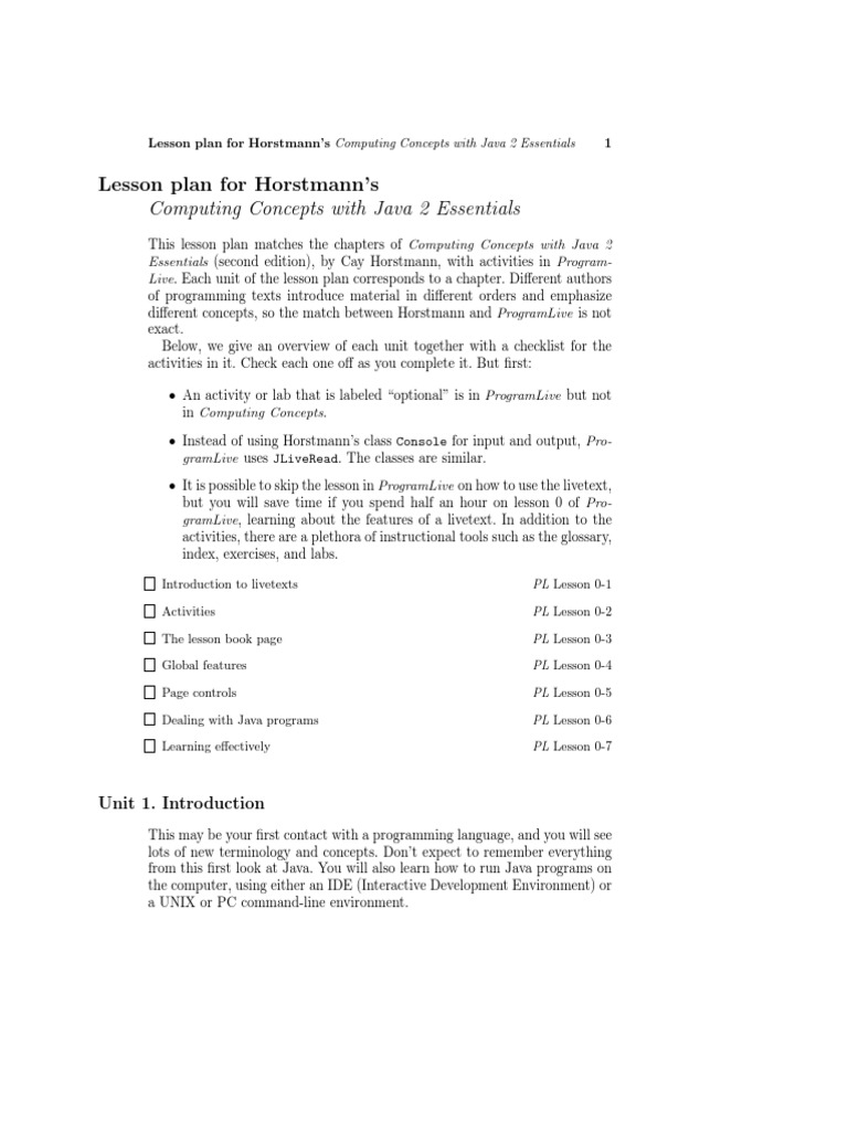 Computing Concepts With Java 2 Essentials: Lesson Plan For Horstmann's ...