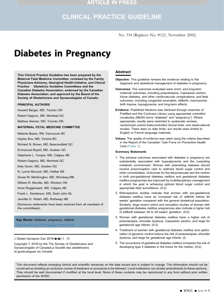 FULL Guideline SOGC 2005 2016 | PDF | Gestational Diabetes | Diabetes ...